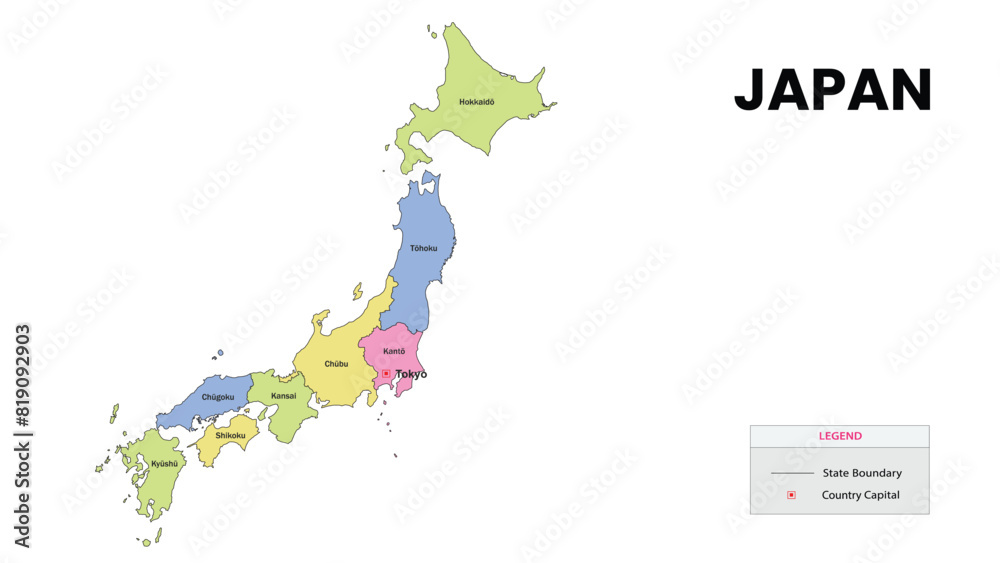 Japan Map. State and district map of Japan. Detailed colourful map of ...