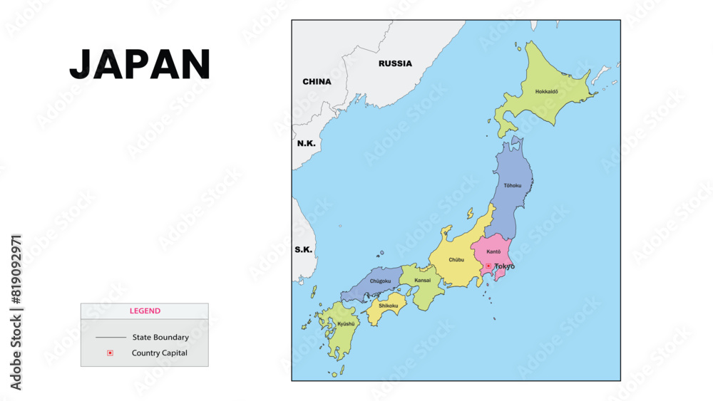 Japan Map. State and district map of Japan. Political map of Japan with ...