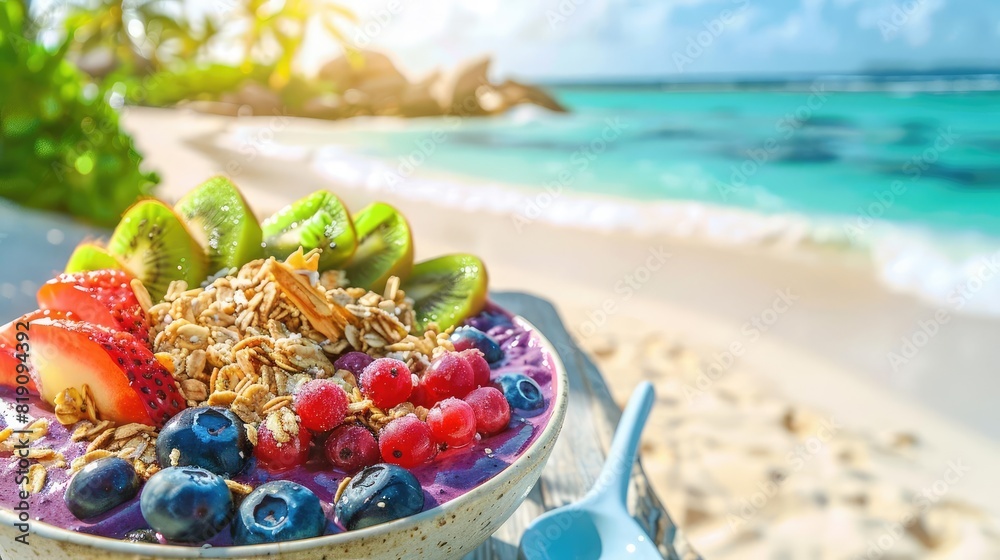 Colorful acai bowl topped with fresh fruits and granola, against a ...