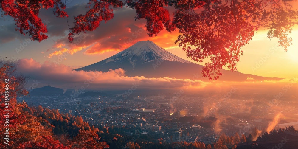 Fuji mountain in Japan Colorful Autumn Season with morning fog and red ...