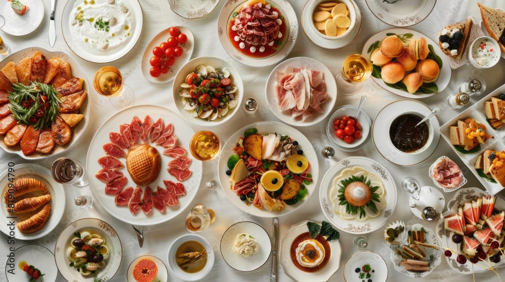 Full table of delicious Dinner party table European foods and drinks ...
