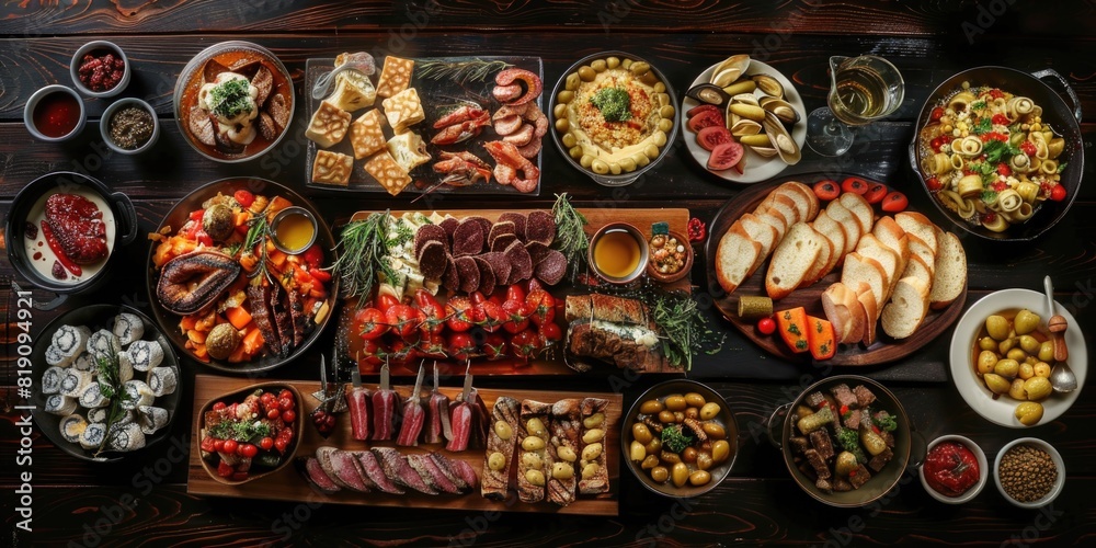 Full table of delicious Dinner party table European foods and drinks ...