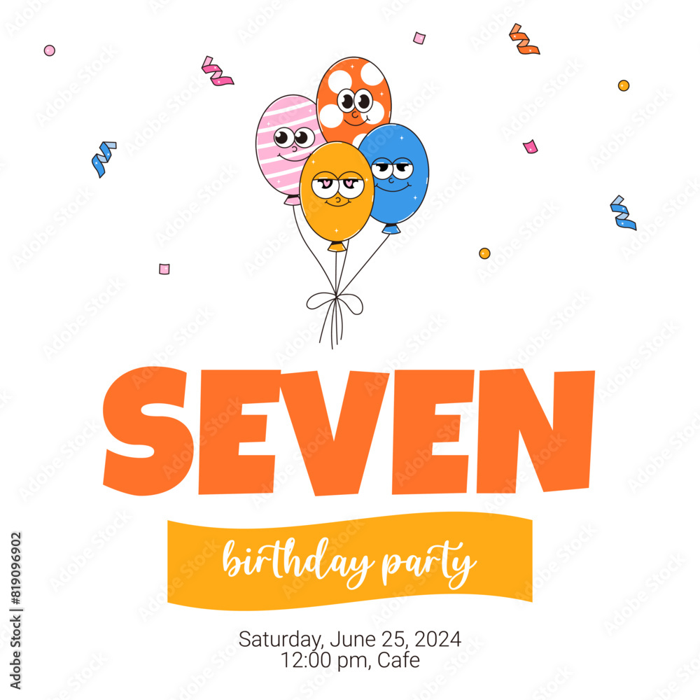 Seven Happy Birthday party invitation in retro groovy style. Funky ...