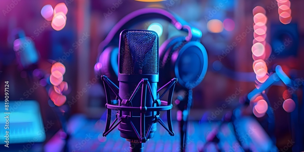 Neon Lit Recording Studio: Microphone and Headphones Closeup. Concept ...