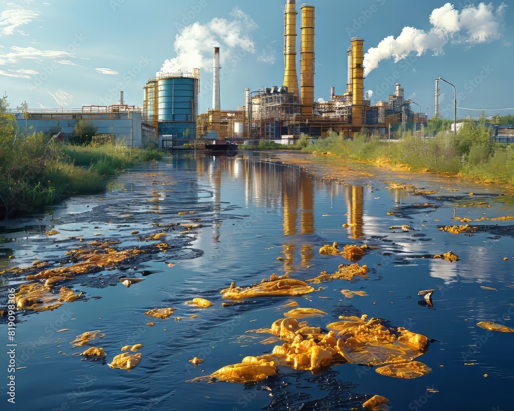 Industrial factory with smokestacks emitting pollution, releasing toxic ...