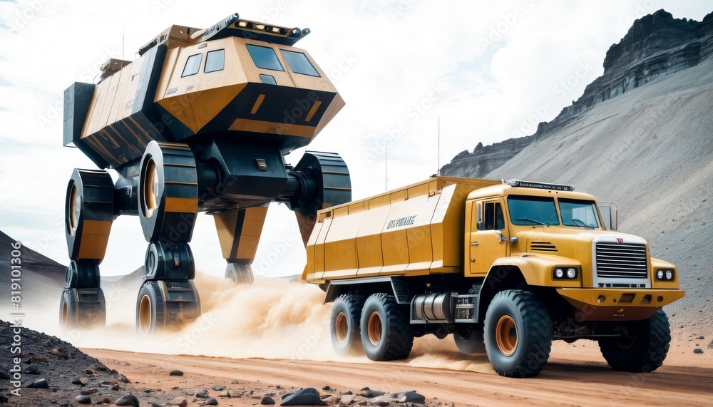 A massive, futuristic mining vehicle traverses a reddish, barren ...
