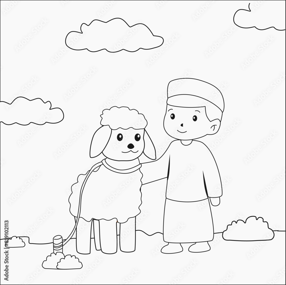 coloring page for kids about boy muslim character with sheep Stock ...