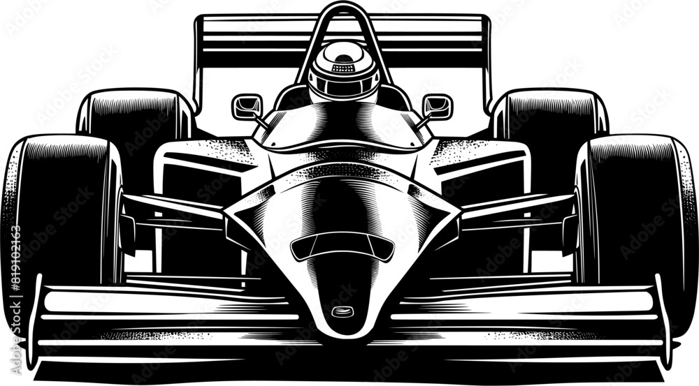 Old school Formula 1 car front view black vector icon isolated on a ...