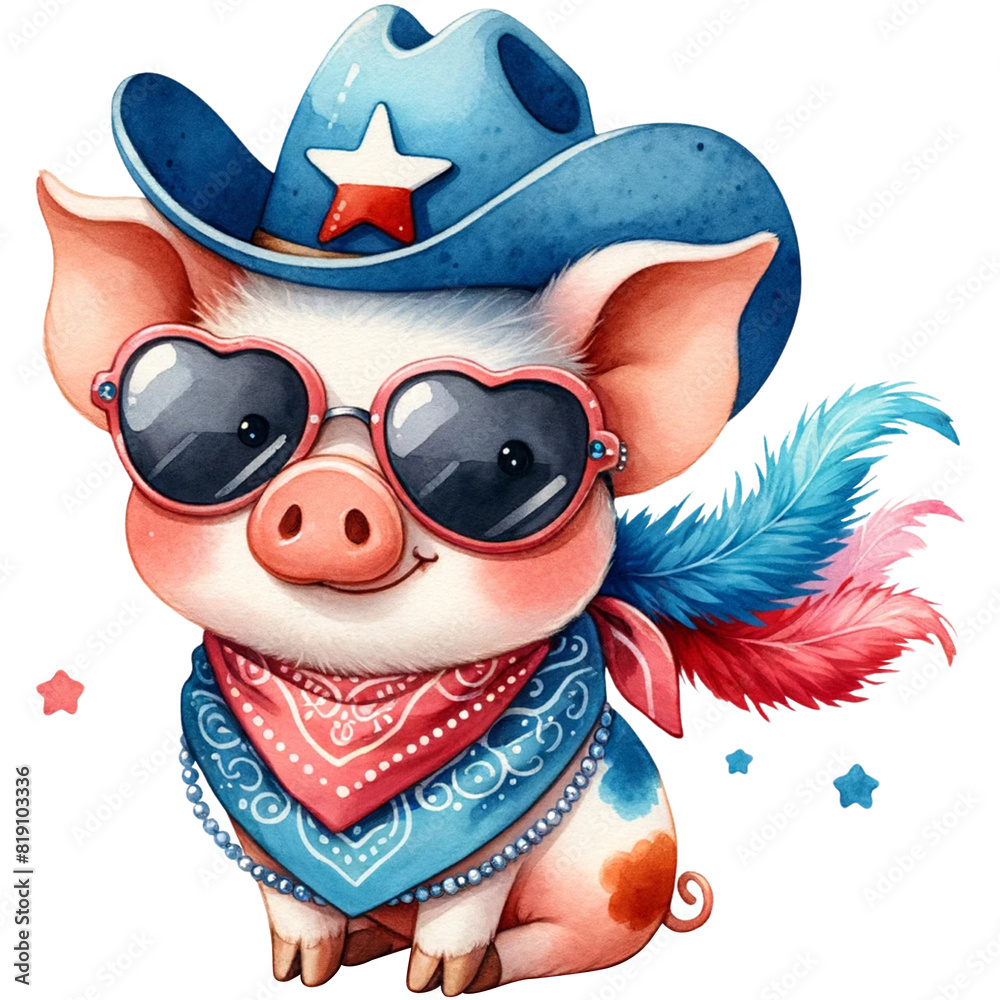 cute happy pig watercolor clipart,cute with American Cowboy hat, pig ...
