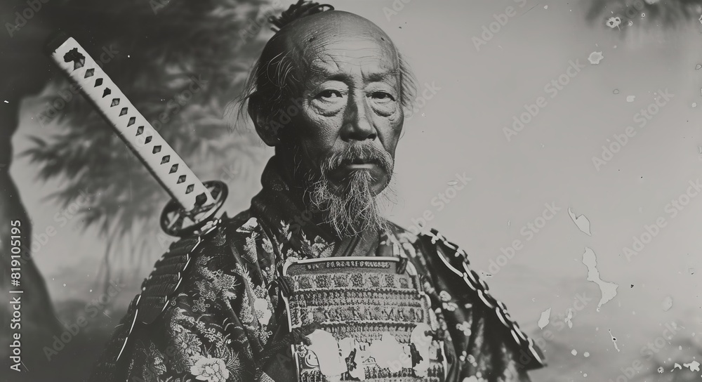 Historical black and white portrait of an elderly samurai in full ...