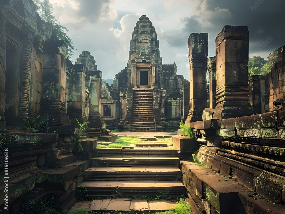 Ancient Weathered Temple Amid Lush Greenery with Majestic Stone Tower ...