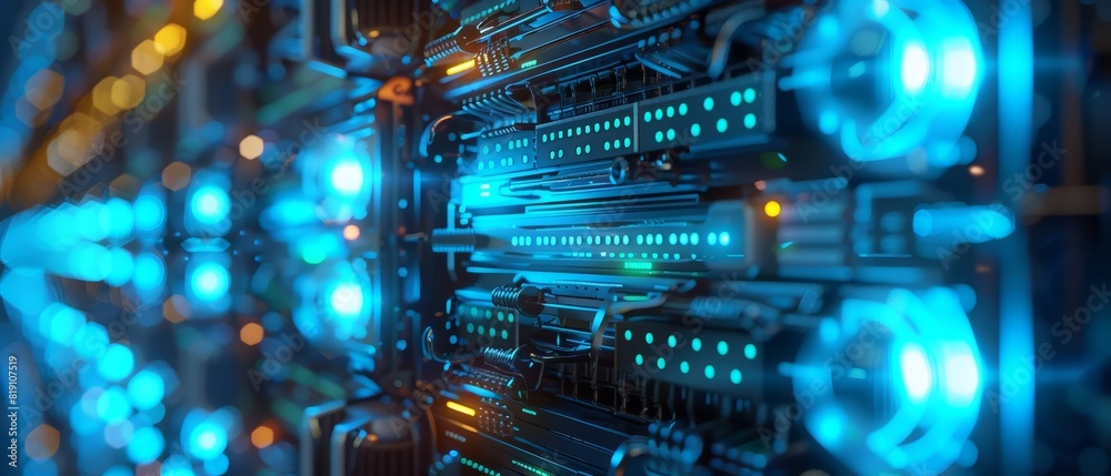 Close up of a quantum server room, racks of glowing blue energy cores ...