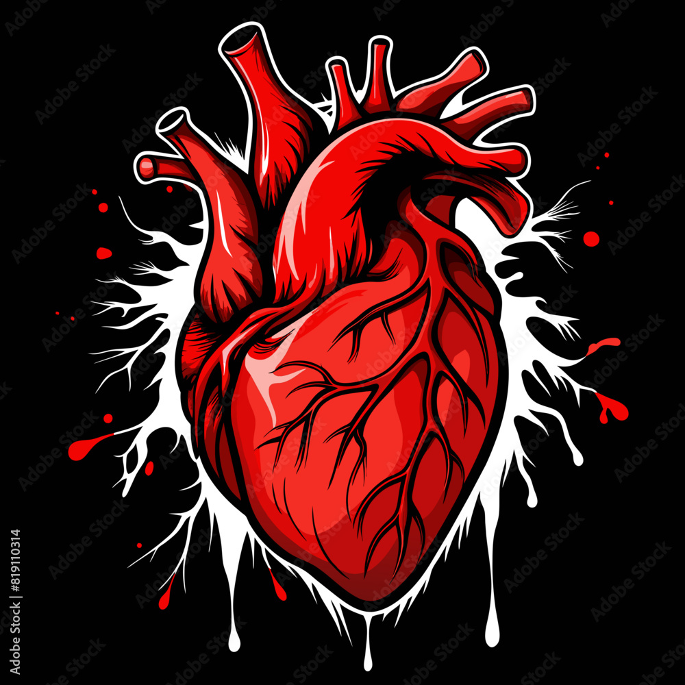 blood-red human heart with blood streaks on a stark black background ...