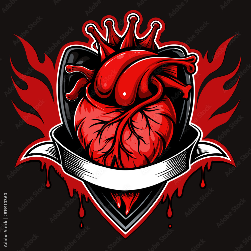 blood-red human heart with blood streaks on a stark black background ...