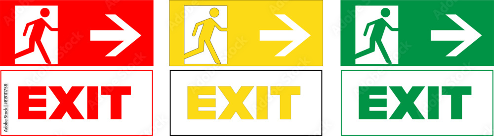 Various colored exit signs isolated on transparent background. Exit ...