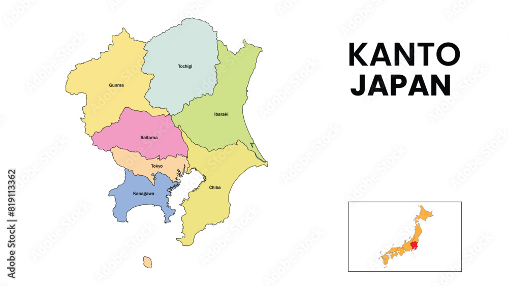 Kanto Map. State and district map of Kanto. Detailed colourful map of ...