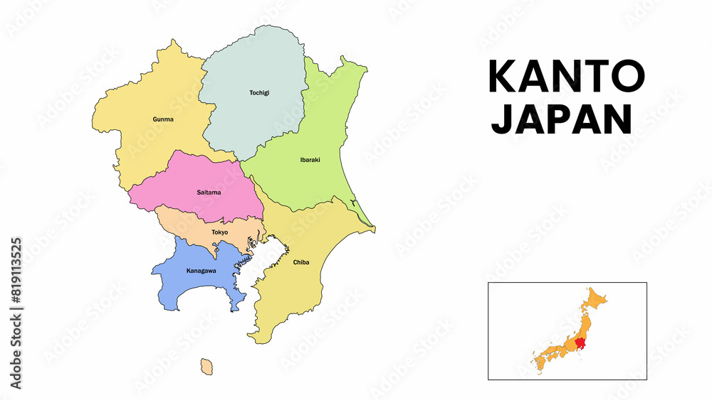 Kanto Map. State and district map of Kanto. Detailed colourful map of ...