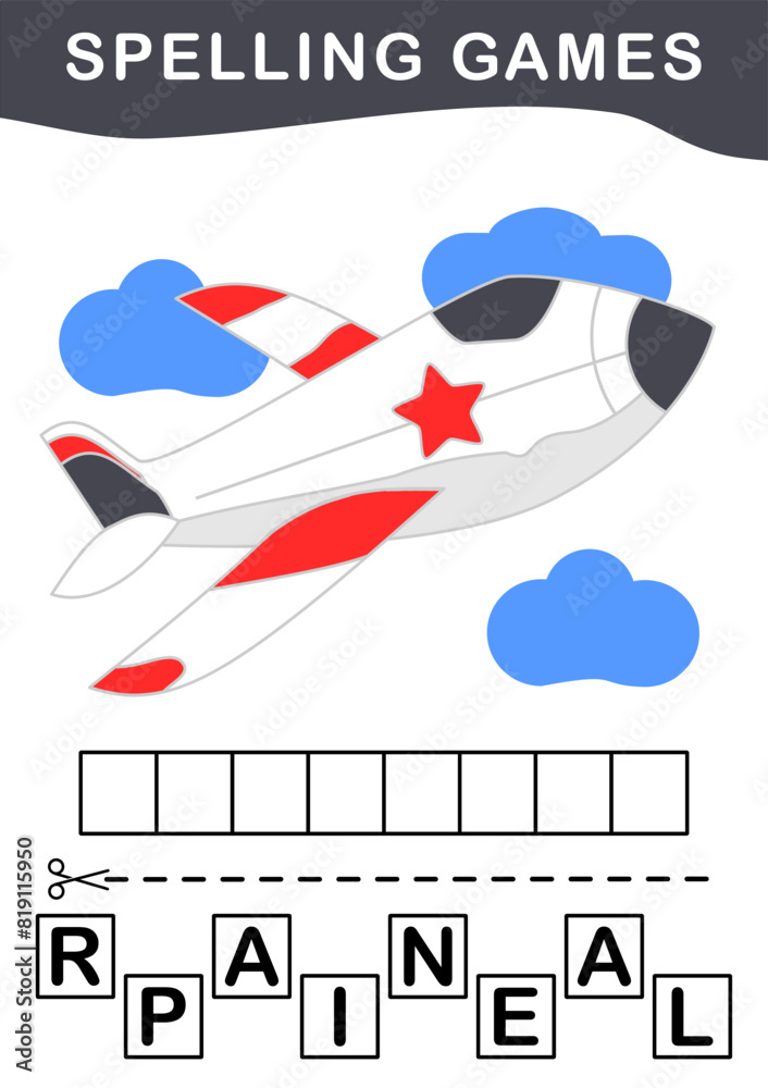 activity sheet for children Spell the word. illustration of airplane ...
