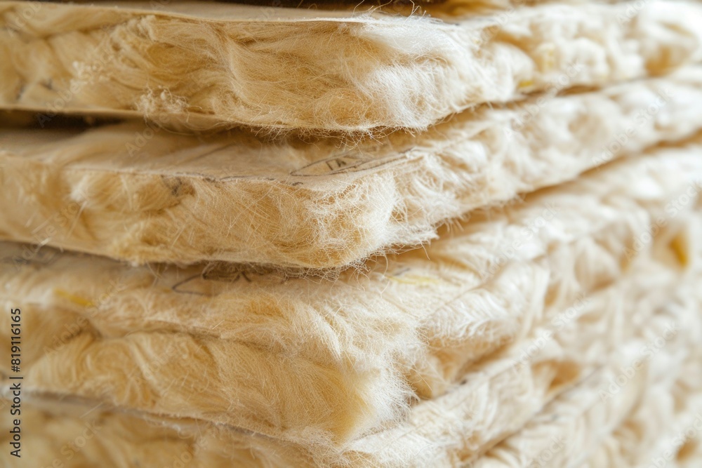High-quality mineral wool batts, showcasing their fibrous texture and ...