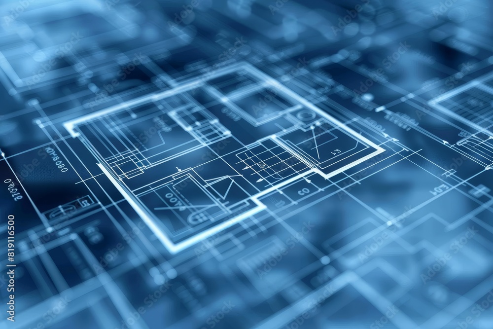 Detailed architectural blueprint showcasing floor plans with a digital ...