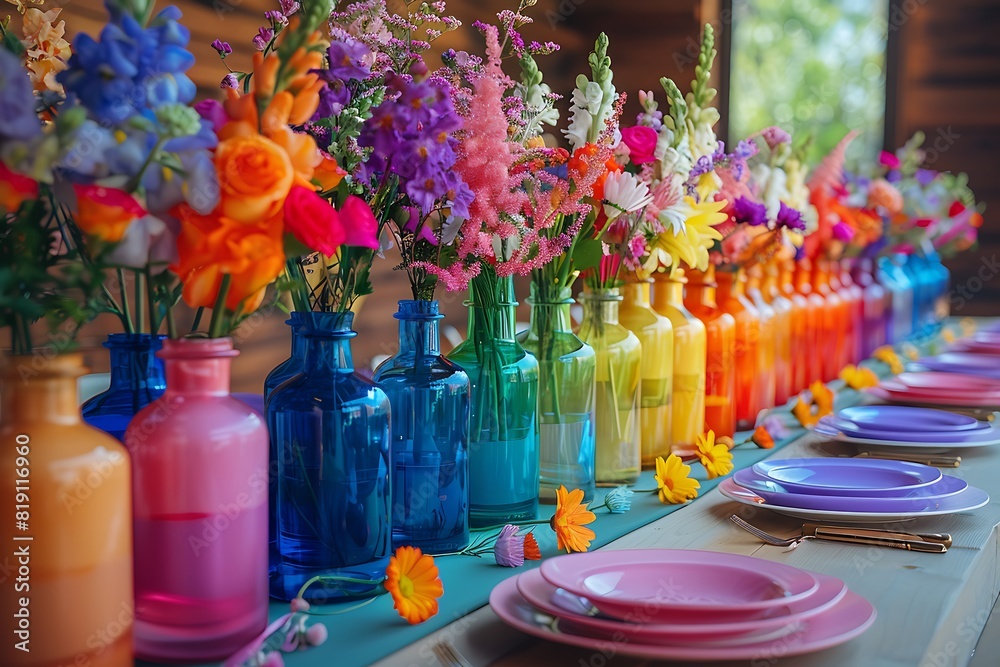 Lavish Pride month banquet table with rainbow centerpieces and space ...