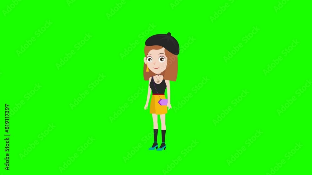 beautiful cute cartoon fashion girl with courtsey reaction 2d animation ...