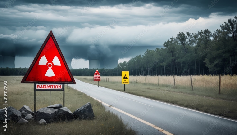 A stark landscape under stormy skies with warning signs indicating the ...