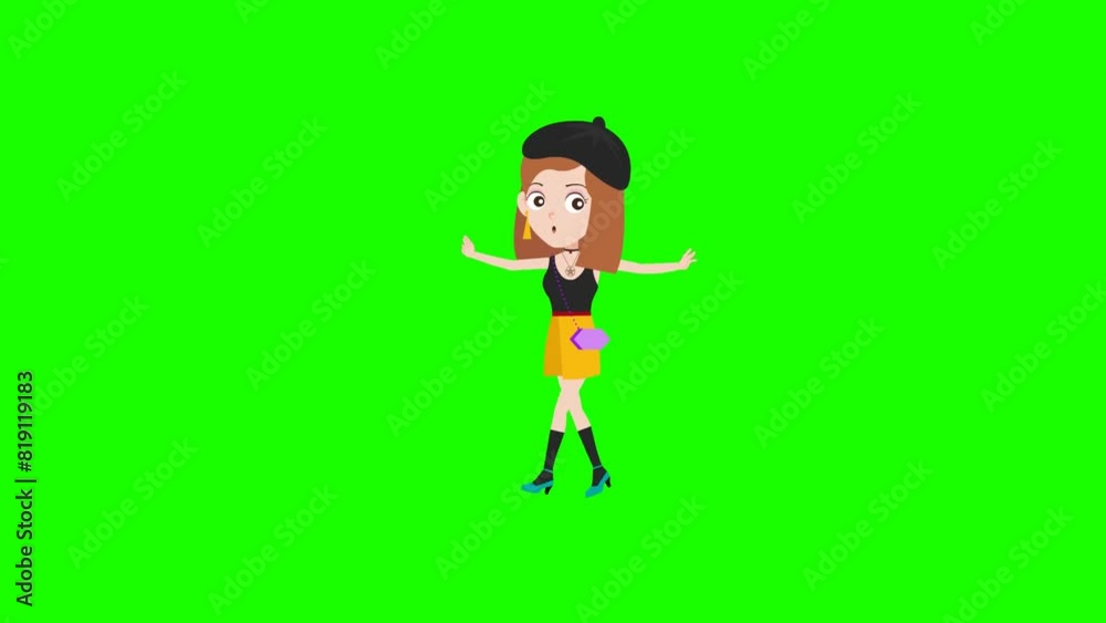 beautiful cute cartoon fashion girl with open arm walking reaction 2d ...