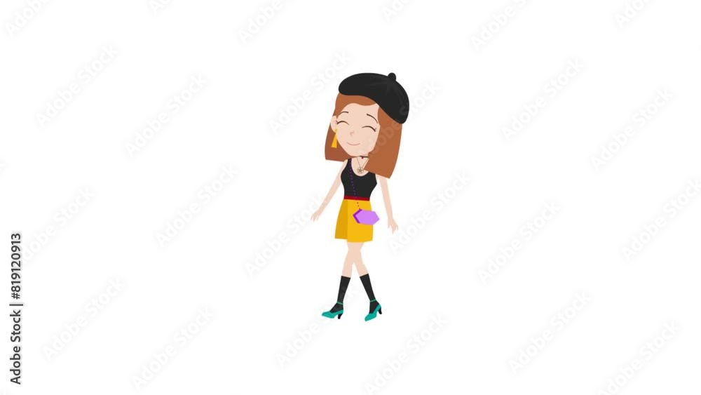 beautiful cute cartoon fashion girl walking hapily reaction 2d ...