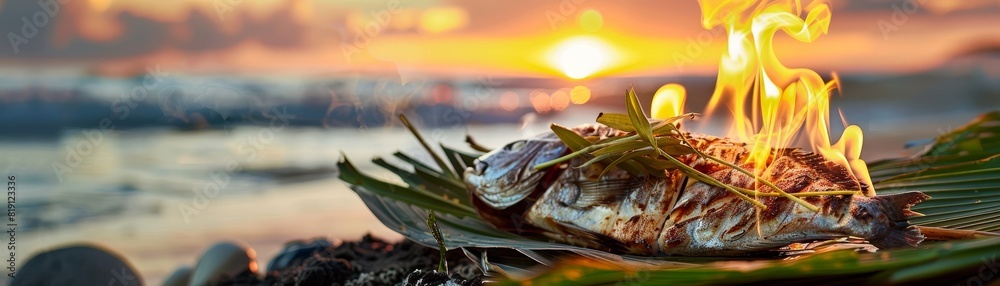 Pla Pao, whole grilled fish with herbs, wrapped in banana leaves, beach ...