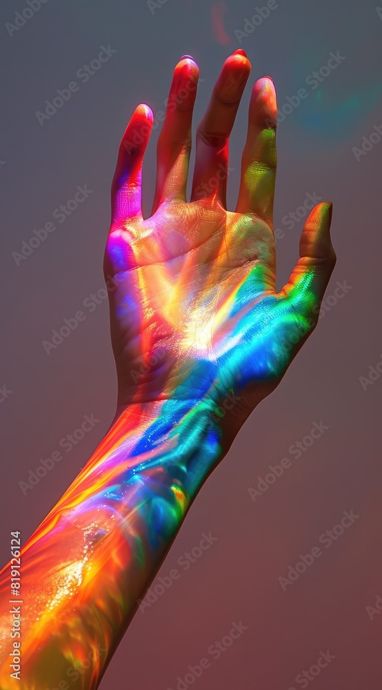 a rainbow colorful hand, with a glowing rainbow in the background, in ...
