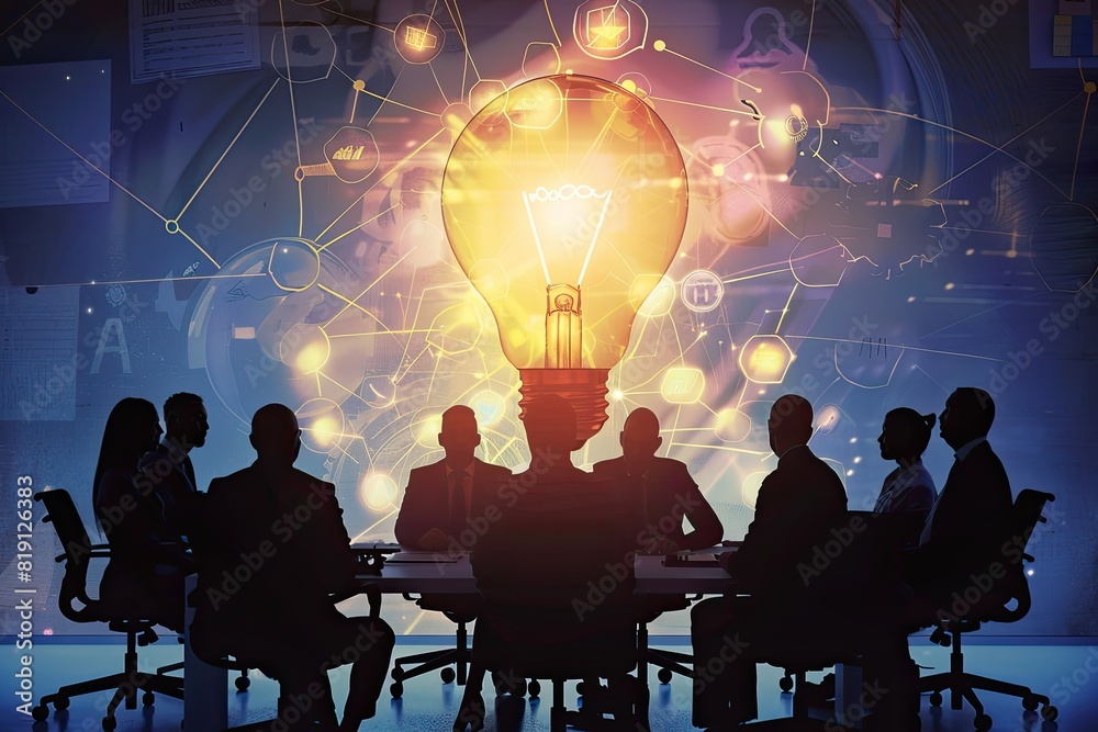 An artistic representation of a brainstorming session, with silhouettes ...