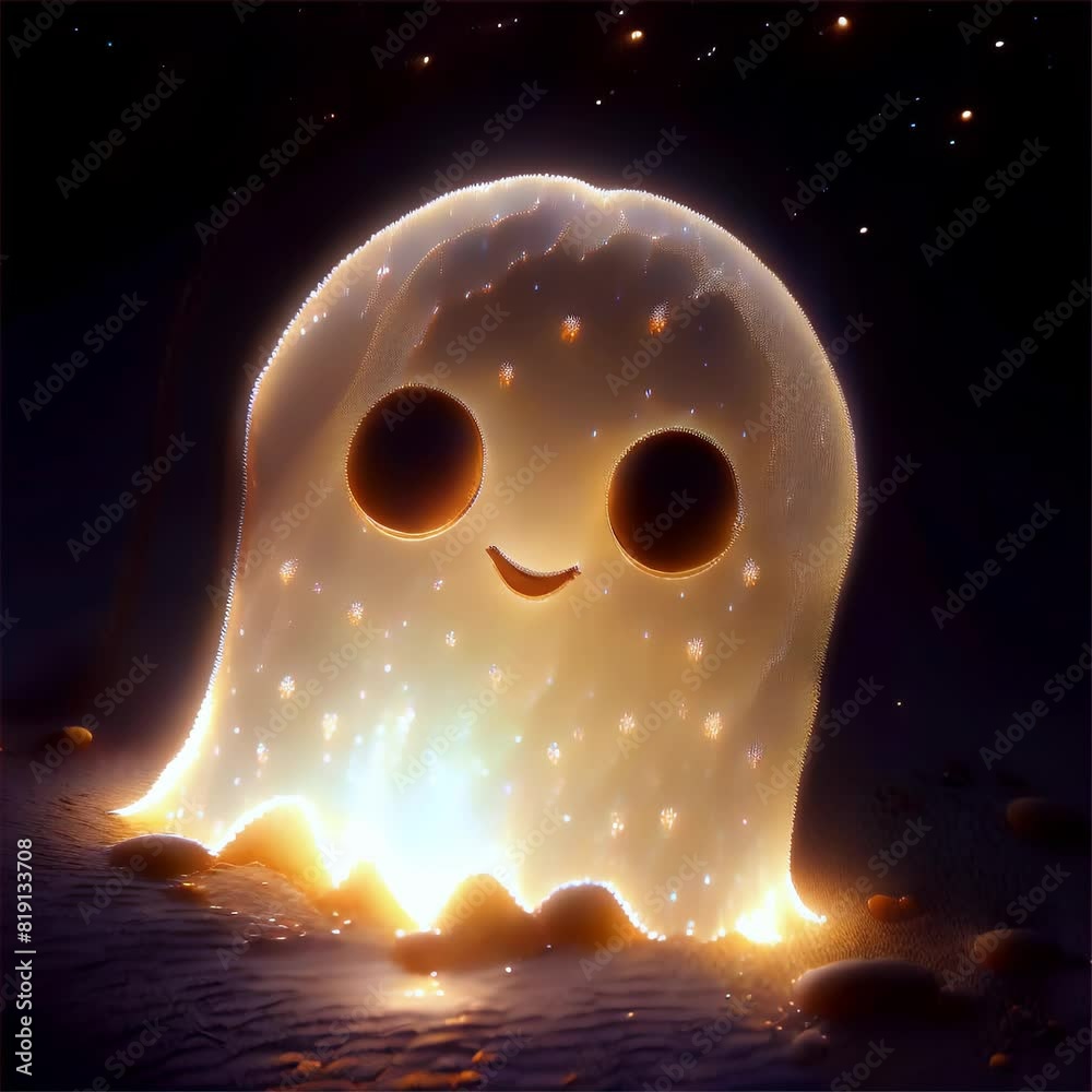 A luminous, ghost-like figure with large eyes and a smiling mouth ...