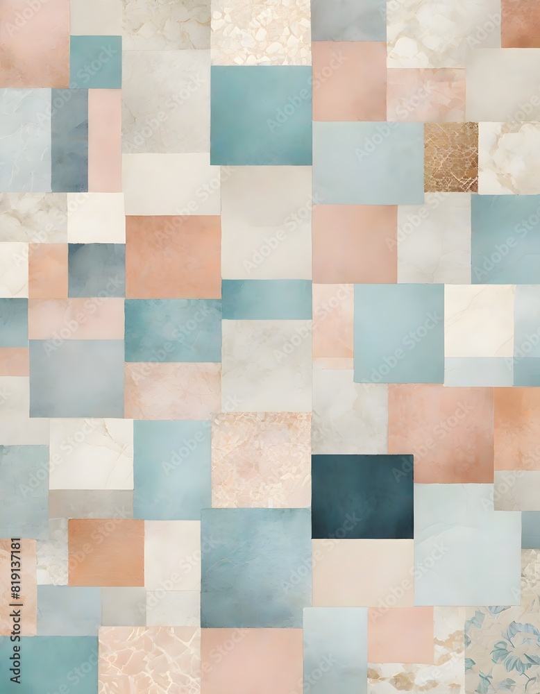 Collage of square and rectangular tiles with different colors, textures ...