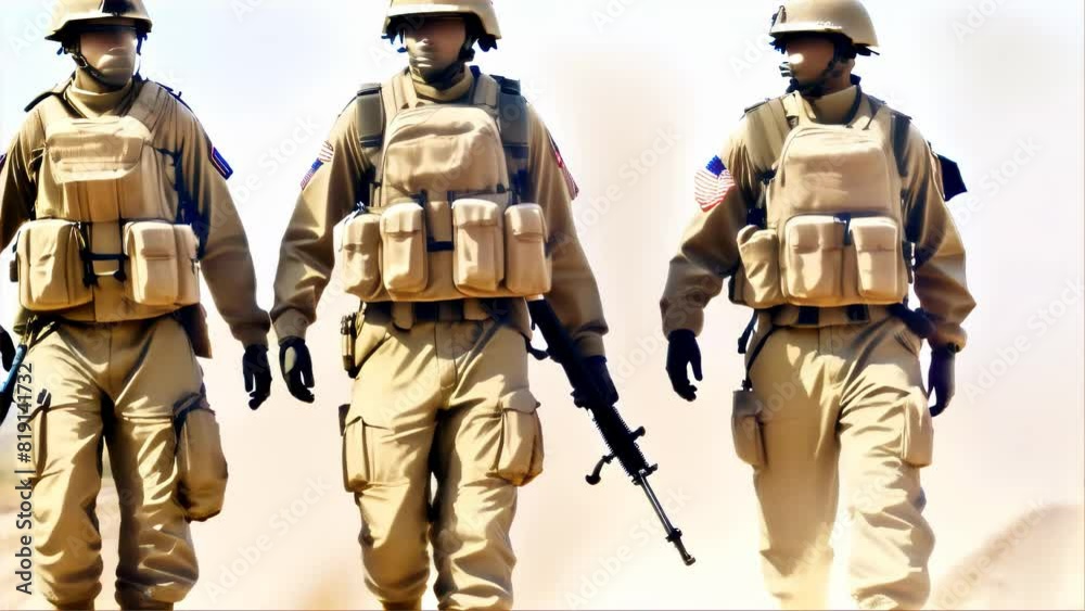Three fully equipped soldiers in desert camouflage gear marching on a ...