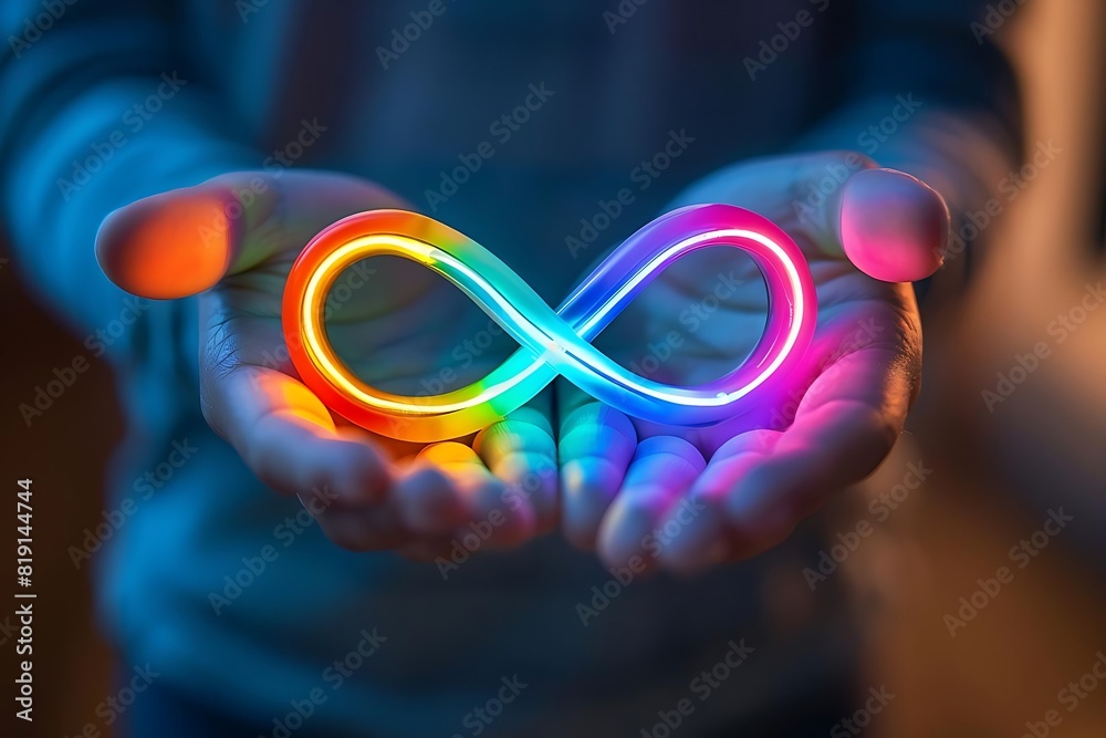 colorful neon infinity symbol floating above a child's open palms Stock ...