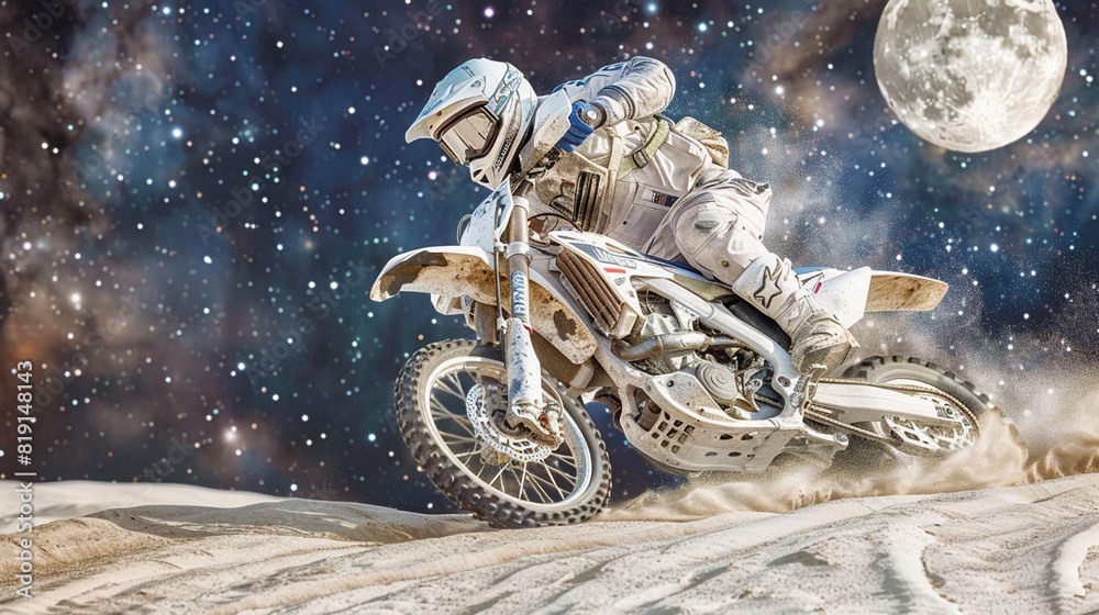 Adventurous astronaut in full space attire, maneuvering a motorbike ...
