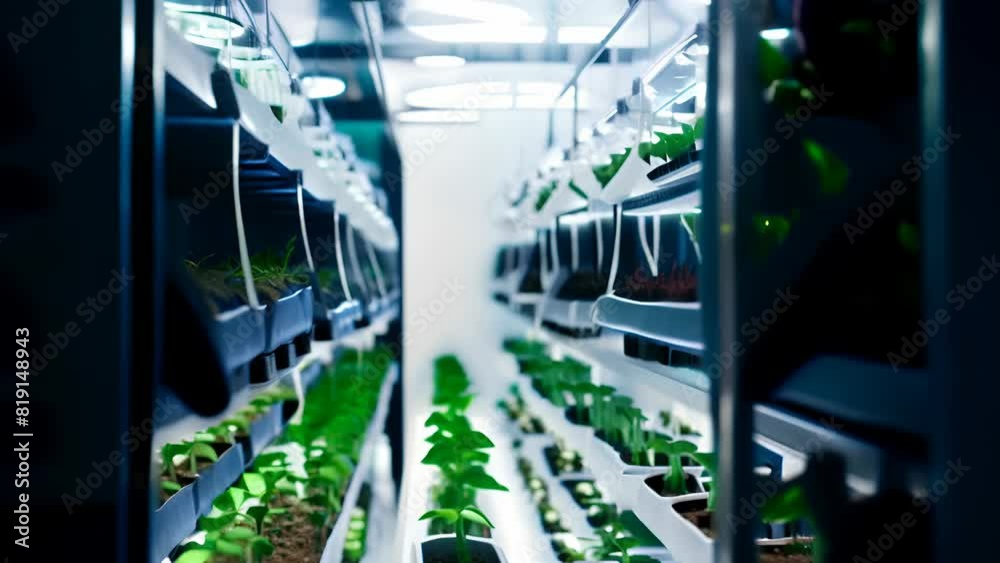 Vertical farm with rows of growing green plants. Concept: Modern ...