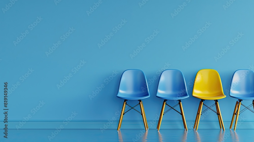 3D Illustration, blue chairs in a row and one of them is yellow, blue ...