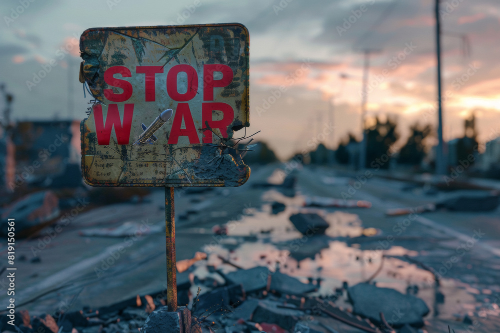 Road sign text STOP WAR in destroyed road on background, copy space ...