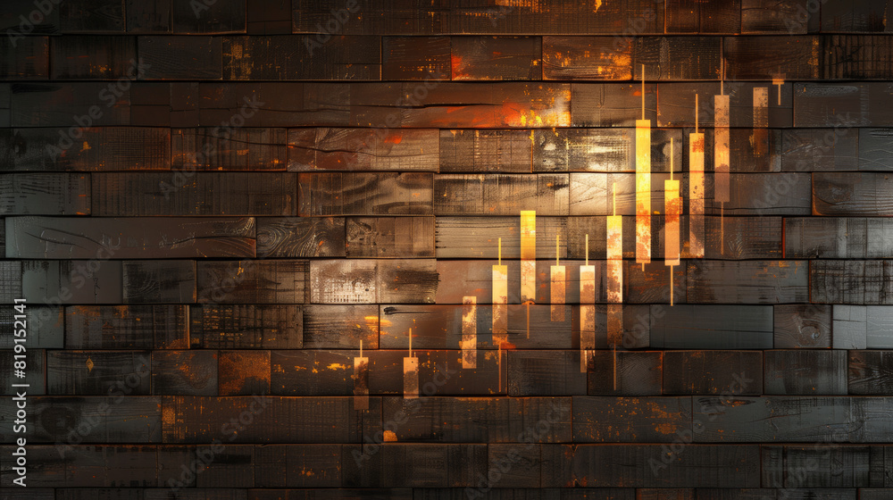 A growing candlestick bar stock market chart against an oak wall ...