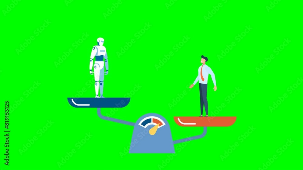 Man stands on scale and is heavier than robot. Human and AI balance ...