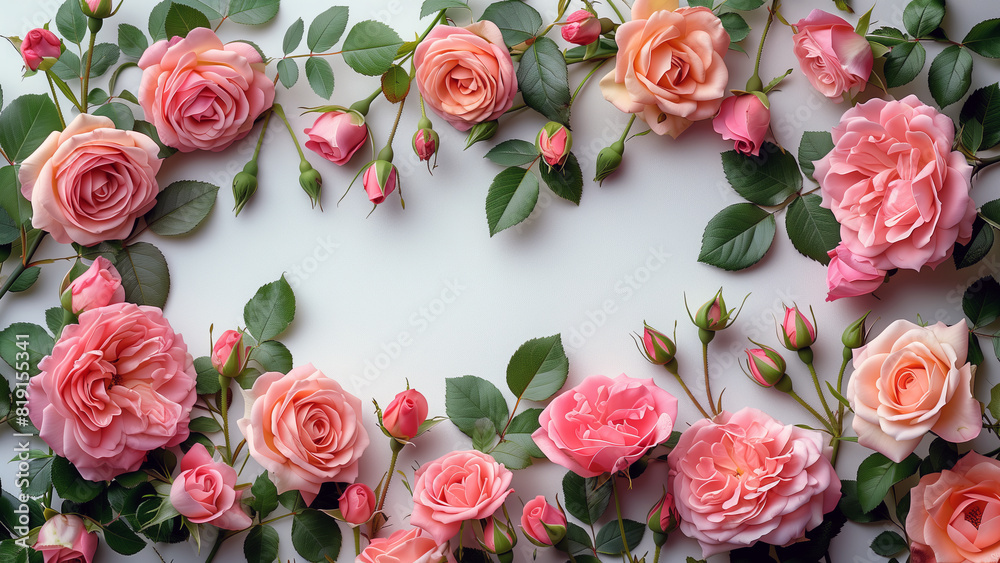 Blush pink roses frame on white background. Various creamy pink roses ...