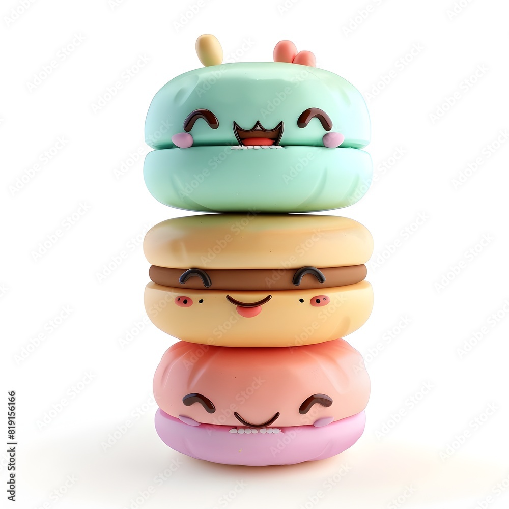 Whimsical 3D Rendered Macaron Stack with Expressive Faces on Isolated ...