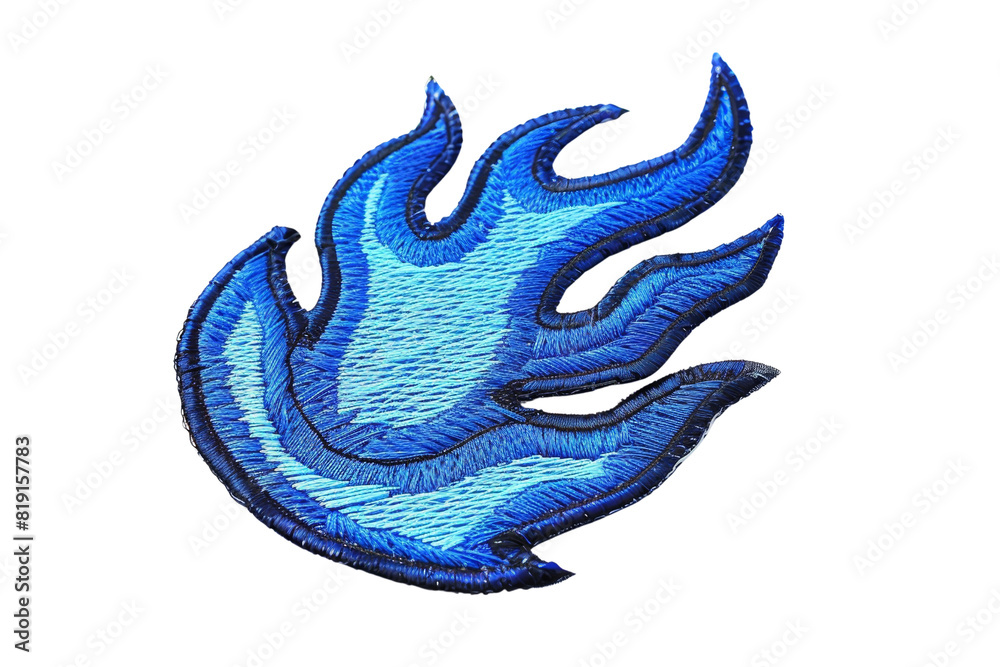 Embroidered blue flame patch on a transparent background, detailed and ...