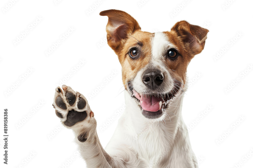 Friendly dog with one paw raised, appearing to wave. Happy expression ...