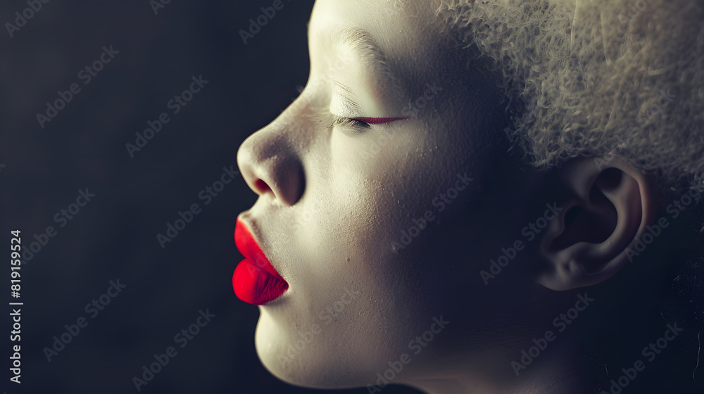 Portrait of an albino woman with bright red lips and arrows on her ...