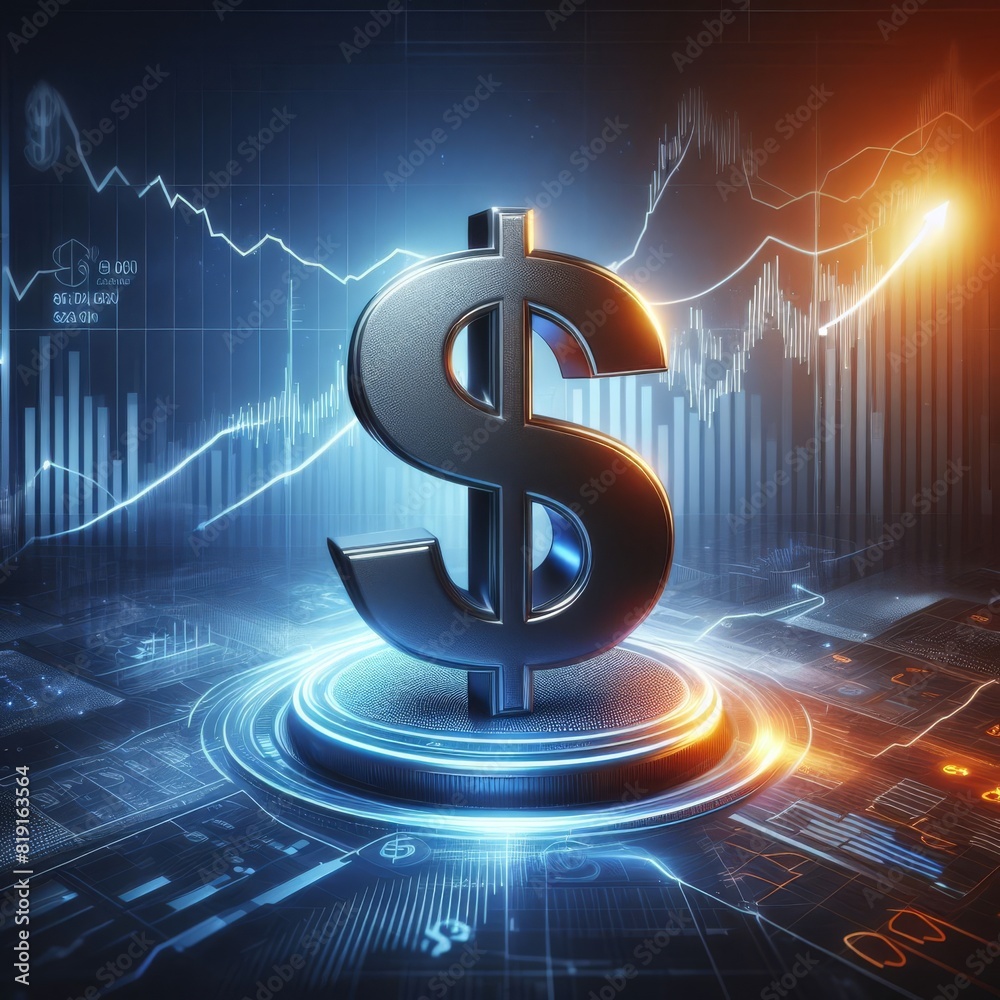A vibrant image showing a large 3D dollar sign illuminated and centered ...