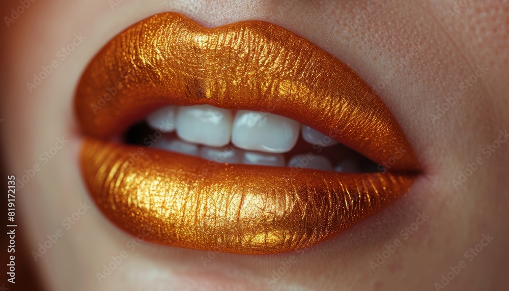 macro shot view of lips with chrome liquid gold dripping from the lower ...