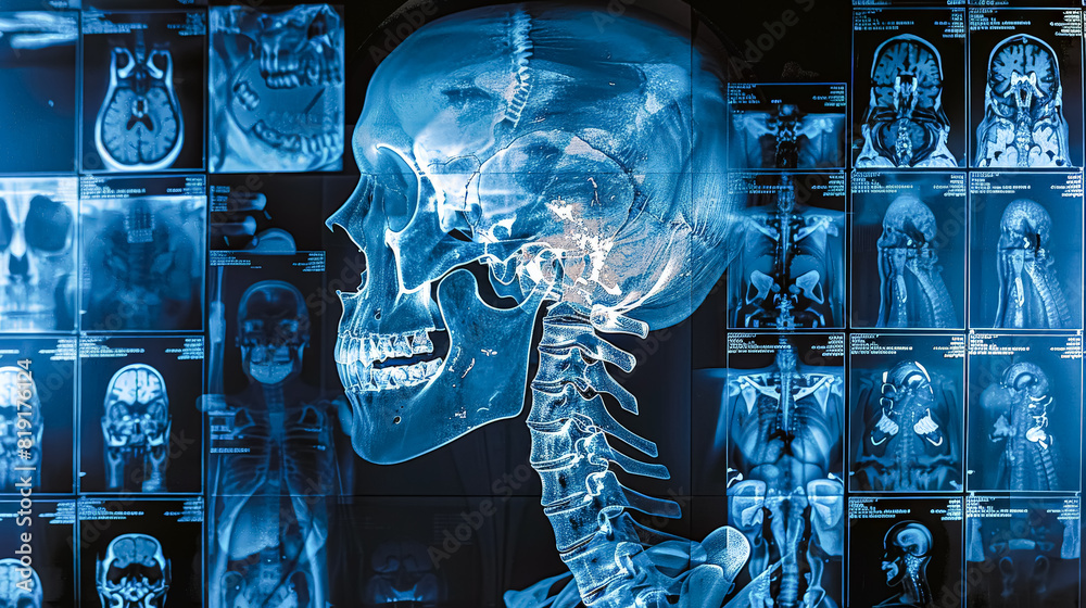 A close up of a person's head and neck with a blue background. The ...